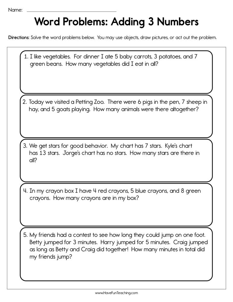 Word Problems Adding 3 Numbers Worksheet Have Fun Teaching