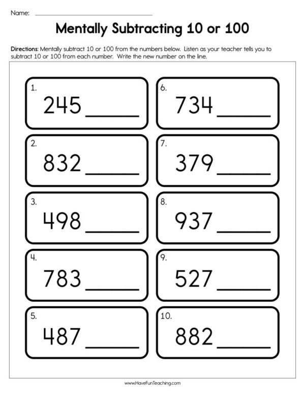 Mentally Subtracting 10 or 100 Worksheet - Have Fun Teaching