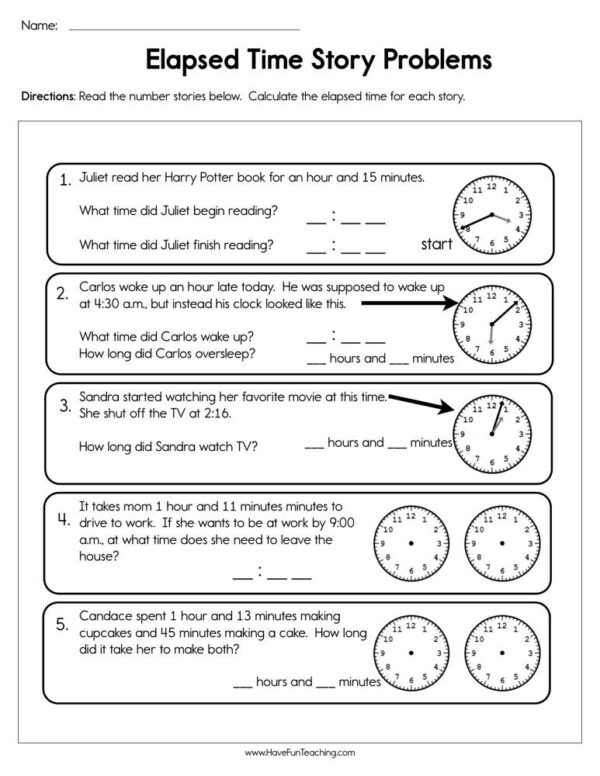 Elapsed Time Story Problems Worksheet - Have Fun Teaching