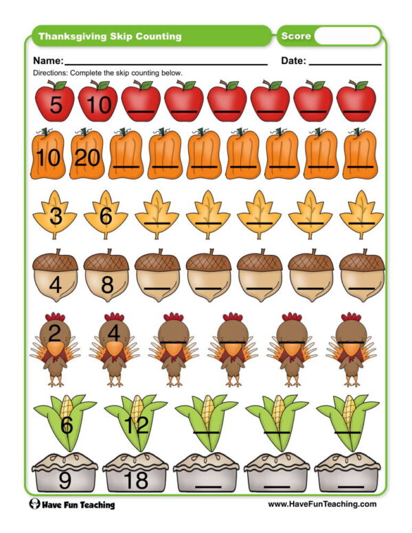 Thanksgiving Skip Counting Worksheet - Have Fun Teaching