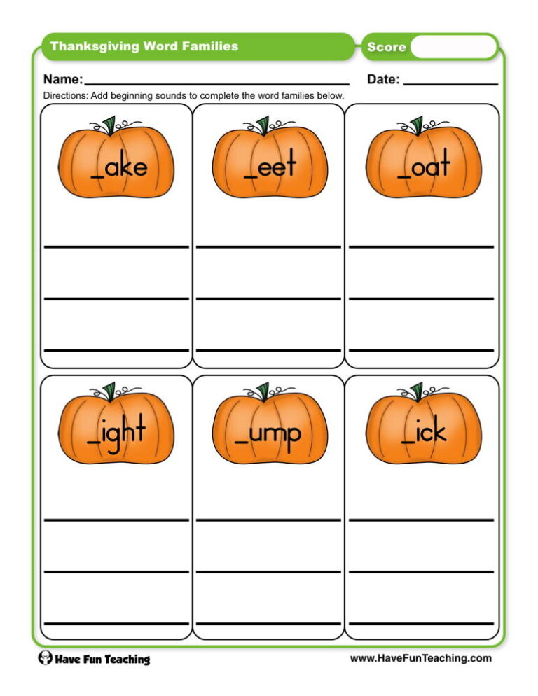 Thanksgiving Word Families Worksheet - Have Fun Teaching