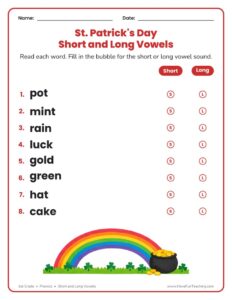 St. Patrick's Day Short and Long Vowels Worksheet - Have Fun Teaching