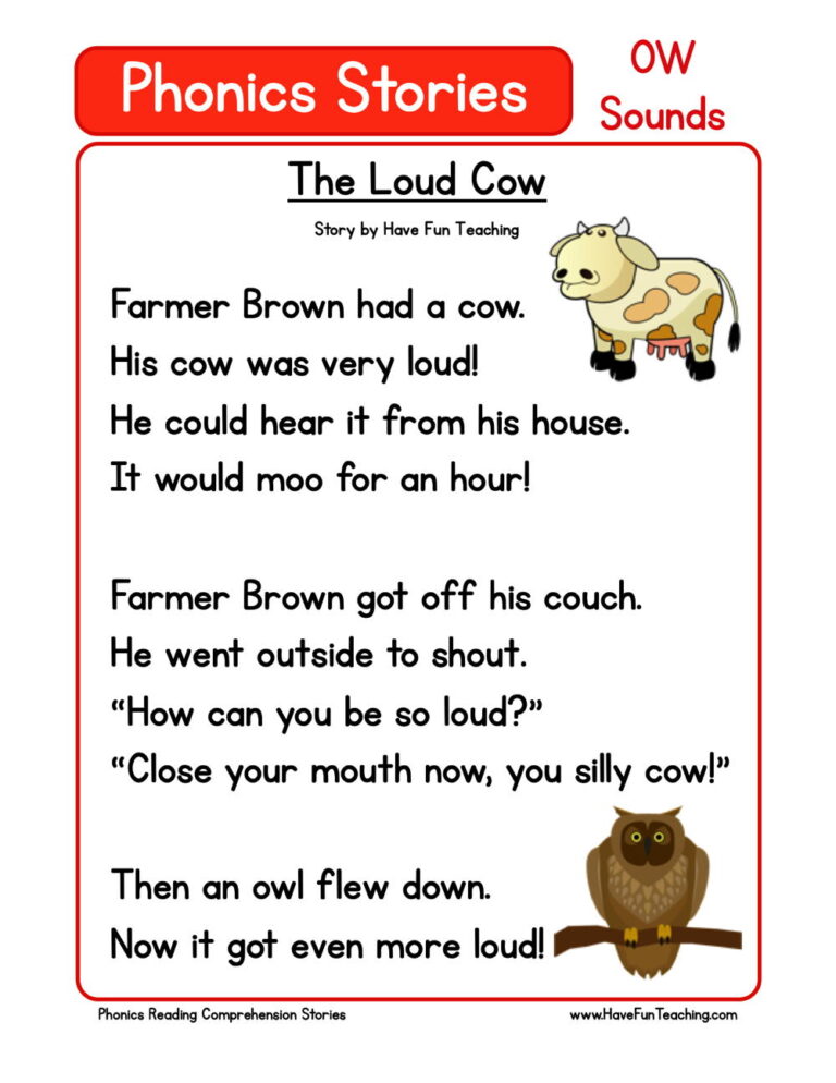 The Loud Cow Phonics Reading Comprehension Story Worksheet - OW Sound ...