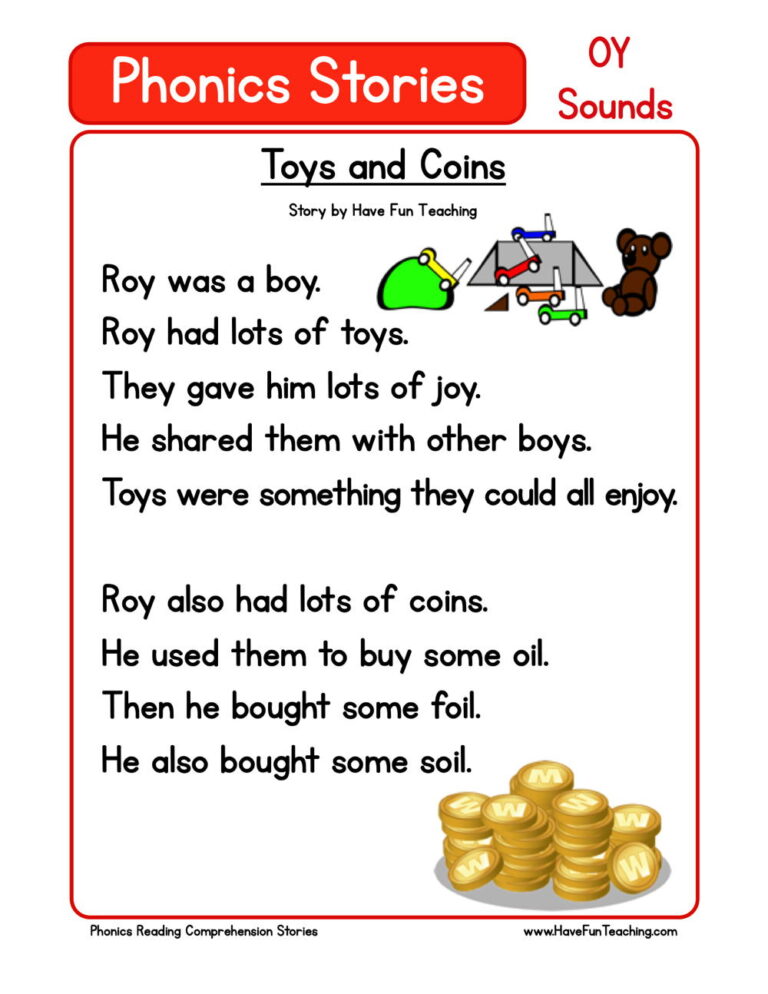 Toys and Coins Phonics Reading Comprehension Story Worksheet - OY Sound ...